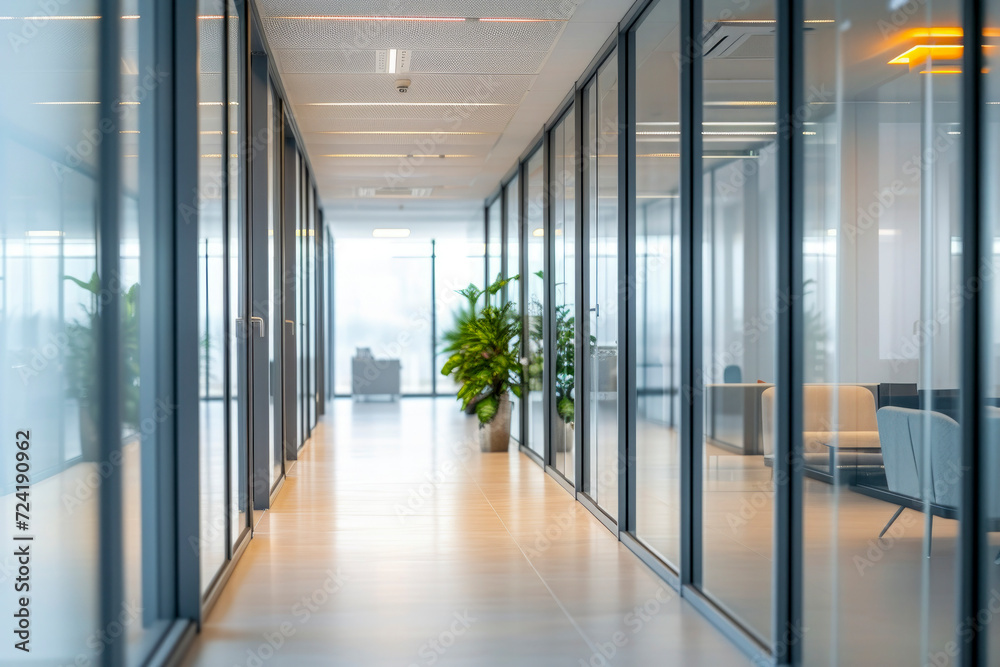 Nice modern office with beautiful long office corridor with defocused ...