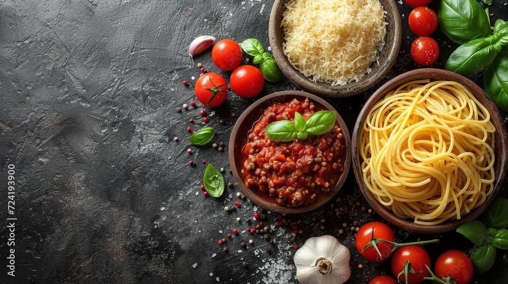 Food background. Italian food background with pasta, ravioli, tomatoes ...