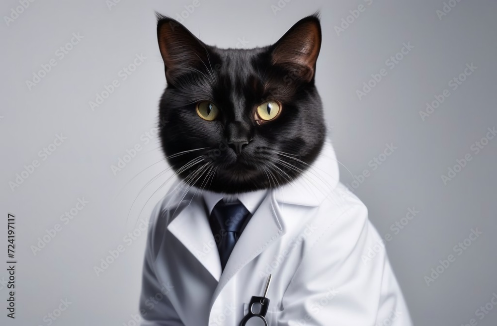 black cat-doctor, in a white coat, plain background, studio photo Stock ...