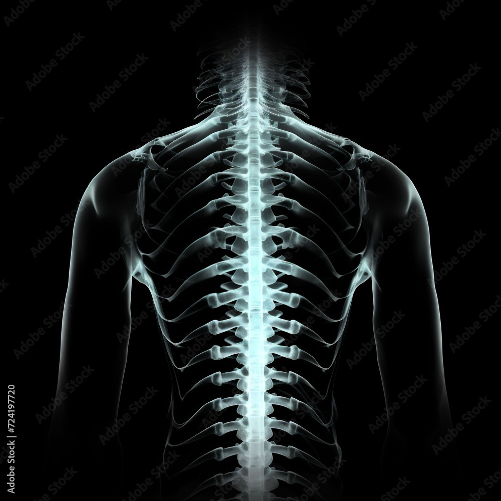 A X-ray view of a human torso highlighting the spinal column and rib ...