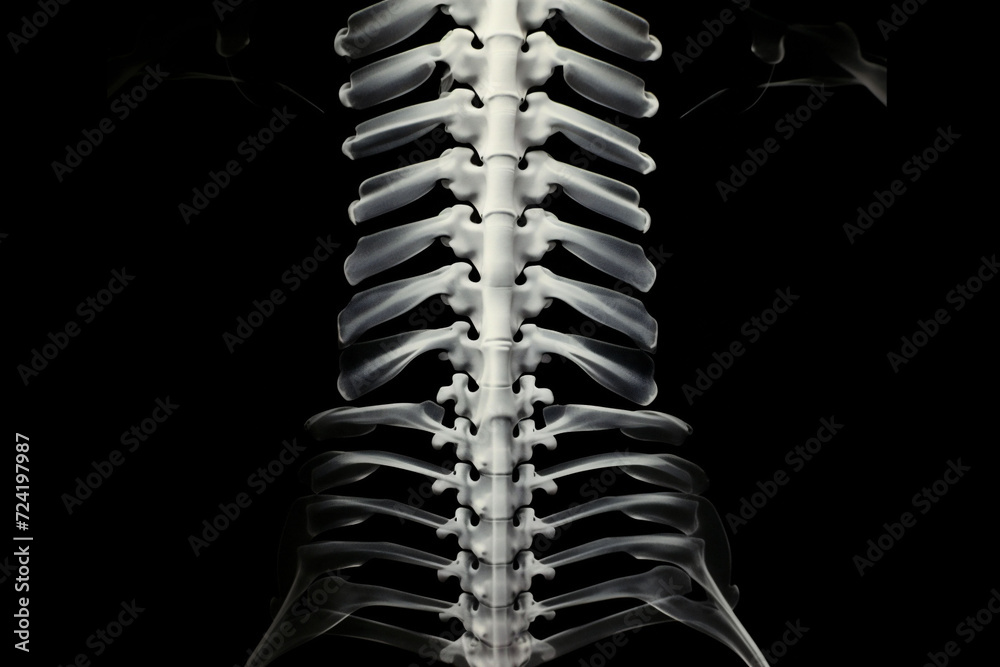 The X-ray image presents a human thoracic spine and rib cage in a ...
