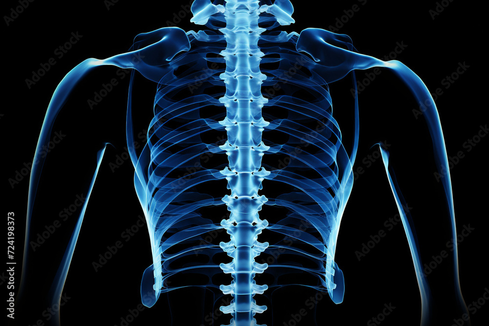A digital illustration of a human spine and rib cage with a blue glow ...
