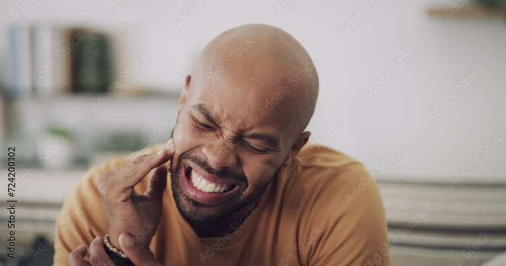 Dental, toothache or cavity with black man in pain, agony or discomfort ...