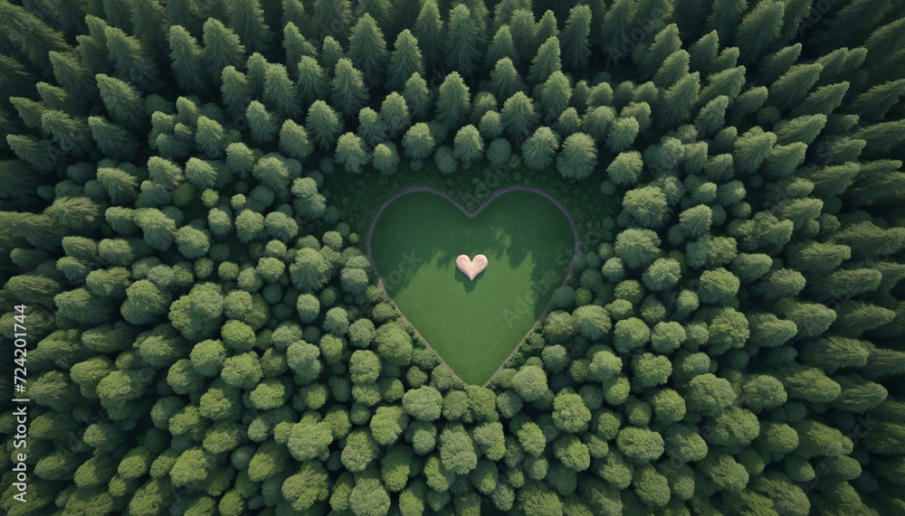 Ariel top down view view of heart shape in the middle of a forest ...
