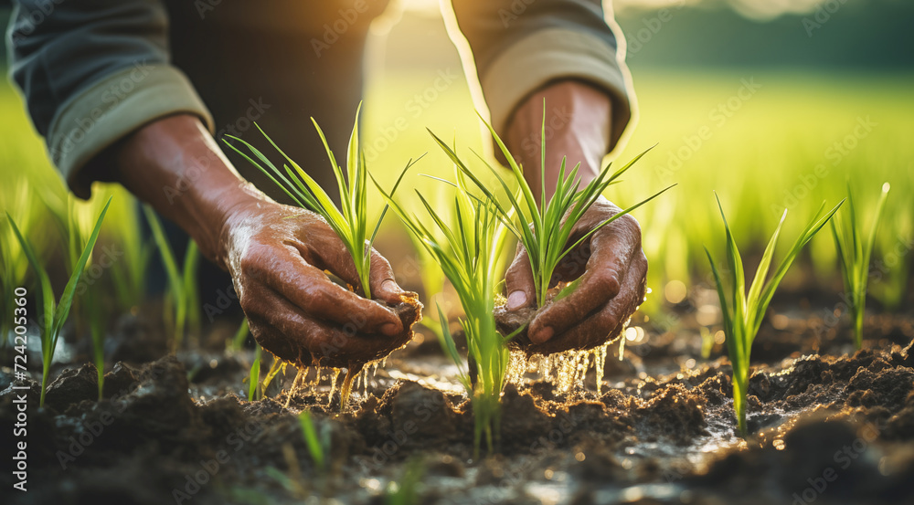 Man's hands with green rice shoots with roots planting in very wet soil ...