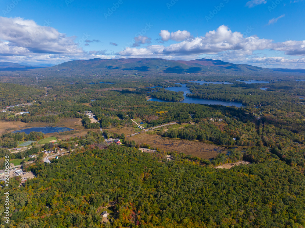 Ossipee Mountains aerial view in fall from top of town of ...