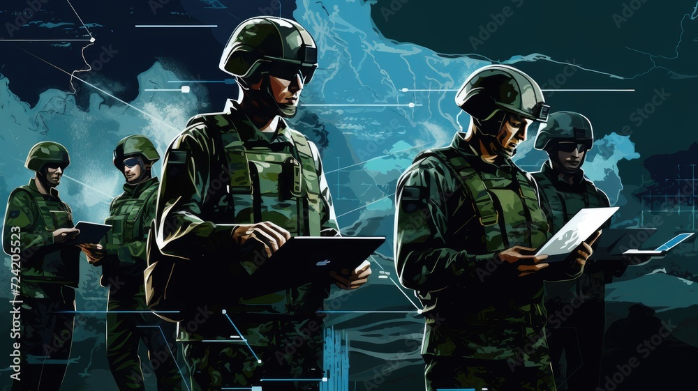 a tablet computer displaying AI control interfaces, augmented reality ...