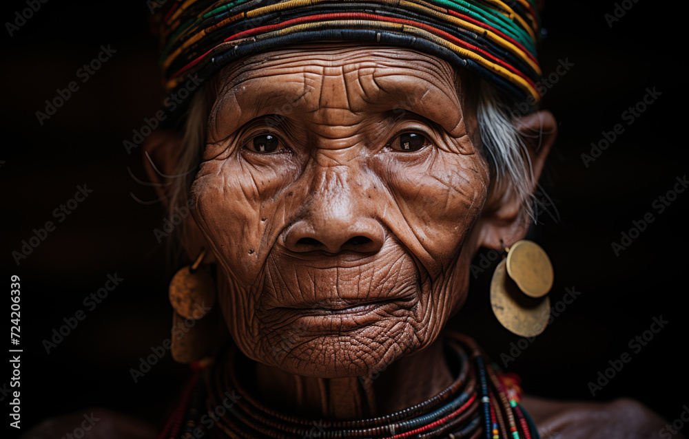 Close up portrait of beautifull aged old woman with sun and wind traces ...