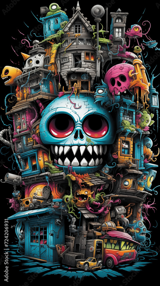 Abstract Illustration of a Haunted House Composed of Skulls Stock ...