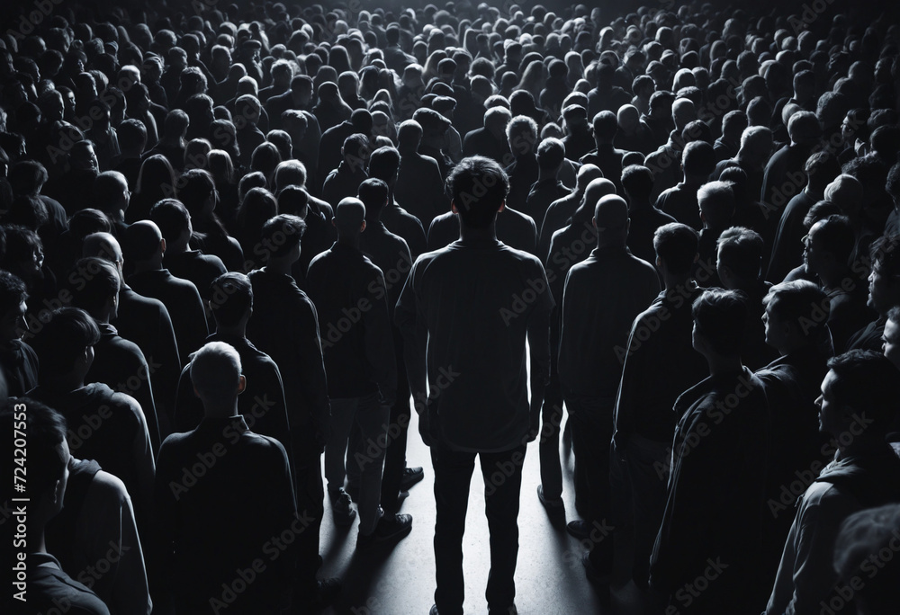 Silhouette standing out from creepy crowd. Suffering of soul in other ...