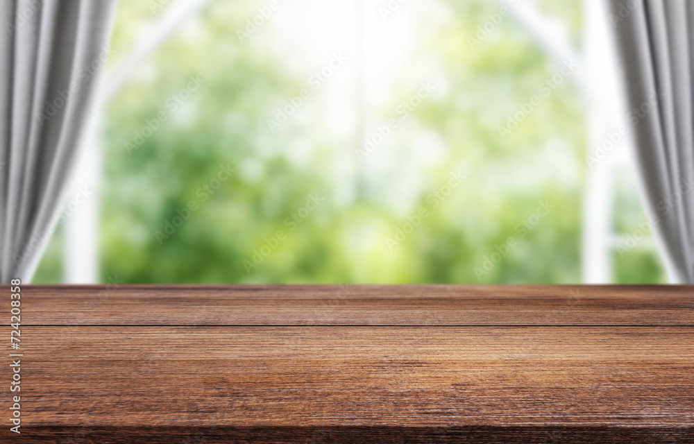 Wooden table on window background with garden and trees Stock Photo ...