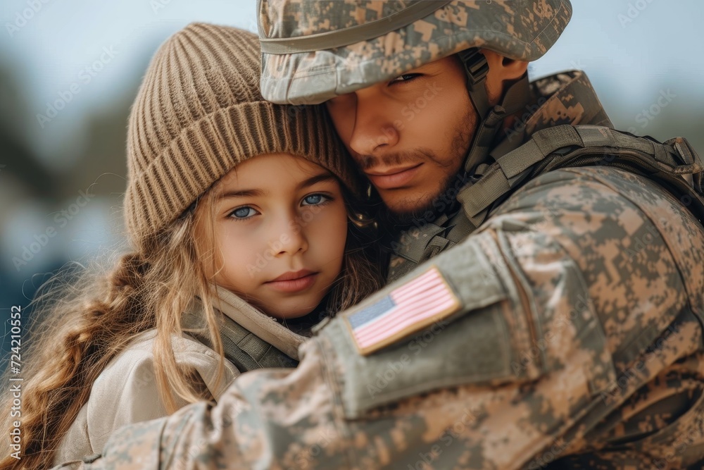 A young girl and soldier stand side by side in matching military ...