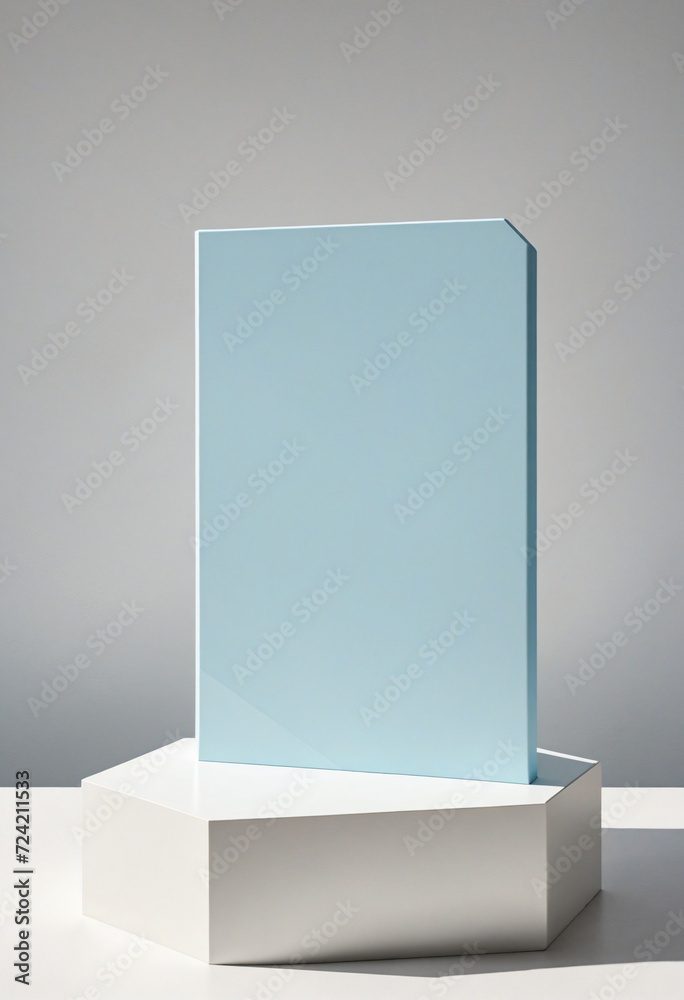 Empty hexagon pastel light blue platform podium on white background ...