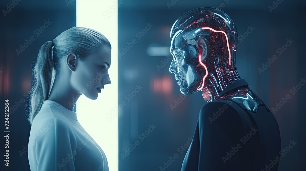Couple in love: a man and a futuristic android robot. Technological sci ...