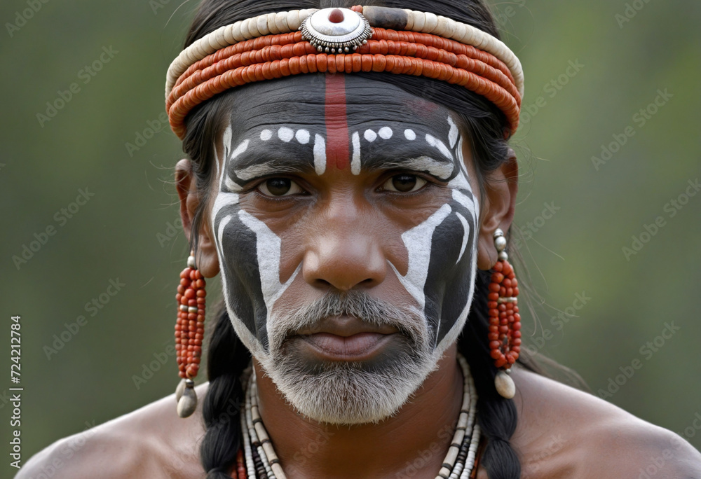 Portrait of indigenous tribe people. Traditional Indian with painted ...