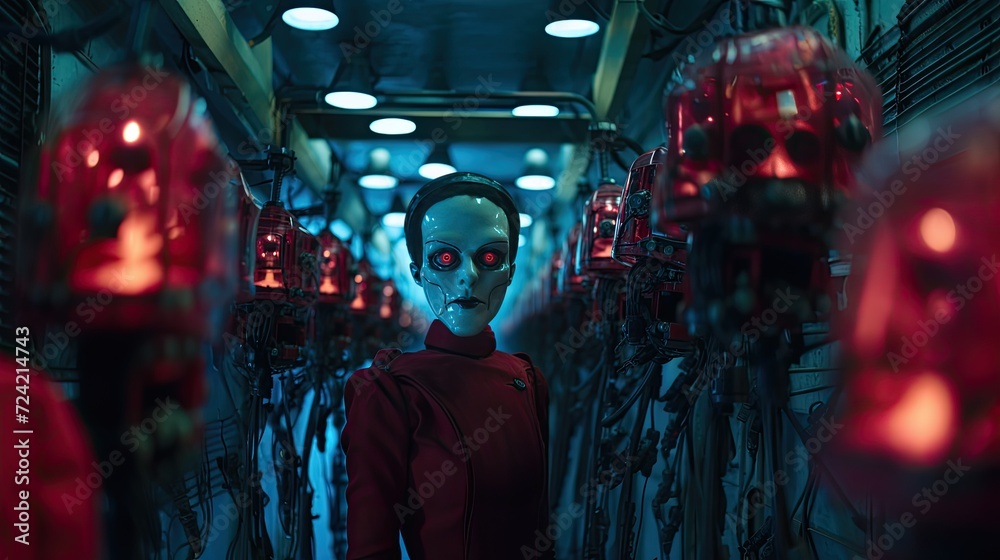 Evil android puppet portrait. Crazy villain with red eyes on a ...