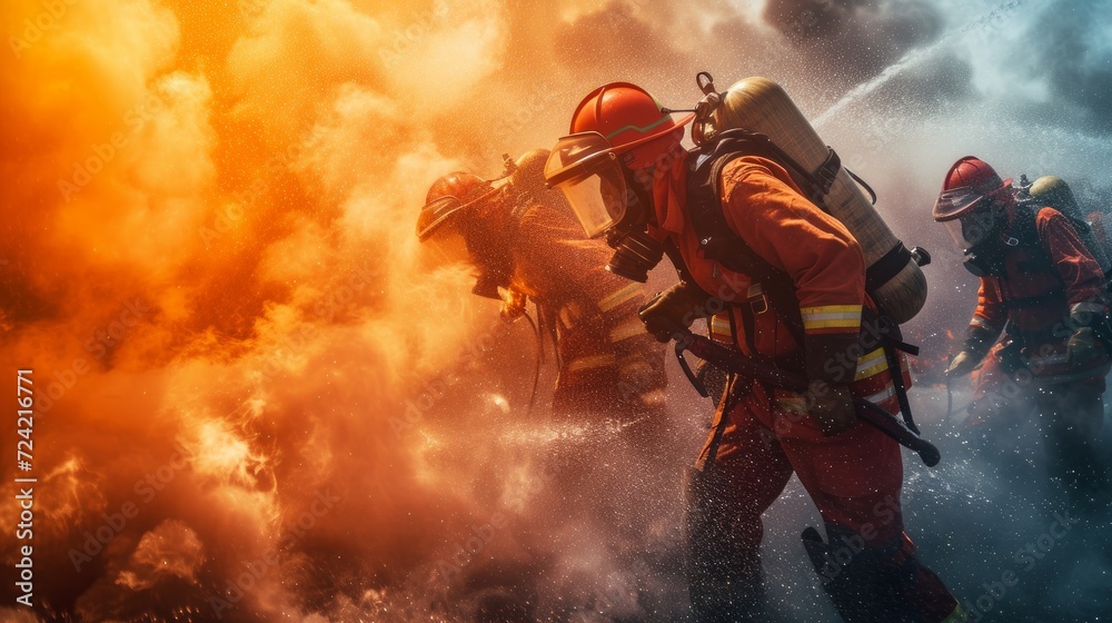 Panoramic firefighters using Twirl water fog type fire extinguisher to ...