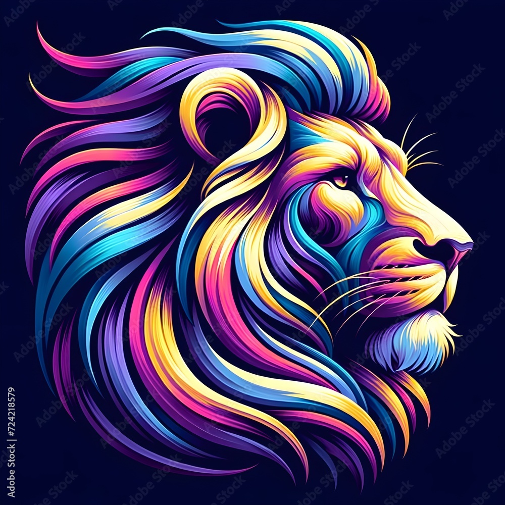 The image depicts a vibrant, multicolored portrait of a lion's head ...