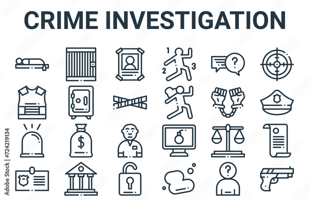 linear pack of crime investigation line icons. linear vector icons set ...