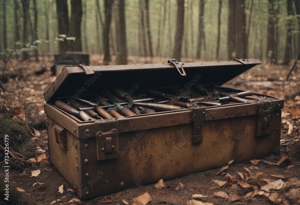 Wooden military crates for weapons and ammunition laid in the forest ...