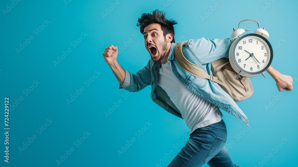 Composite collage image of confused guy running away big classic alarm ...