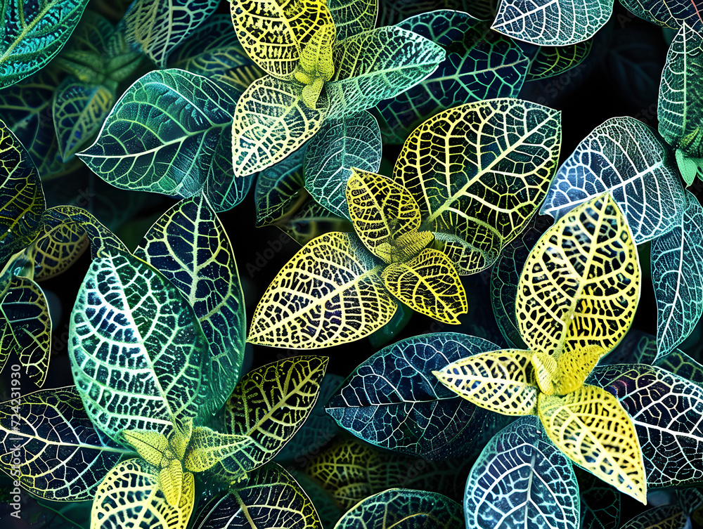 Vibrant Variegated Fittonia Leaves Close-Up, Neon-Like Vein Patterns ...