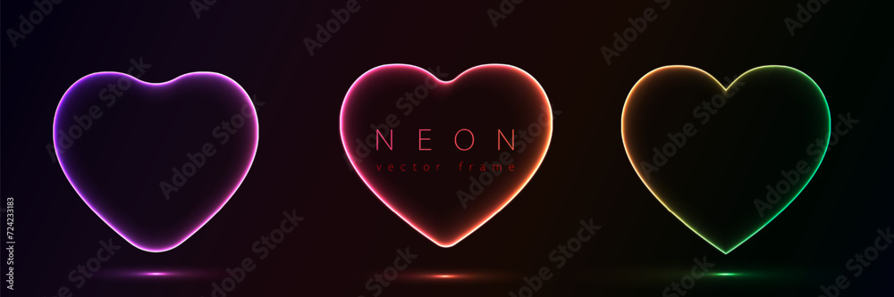 Set of glowing neon color heart shape with wavy dynamic lines on black ...