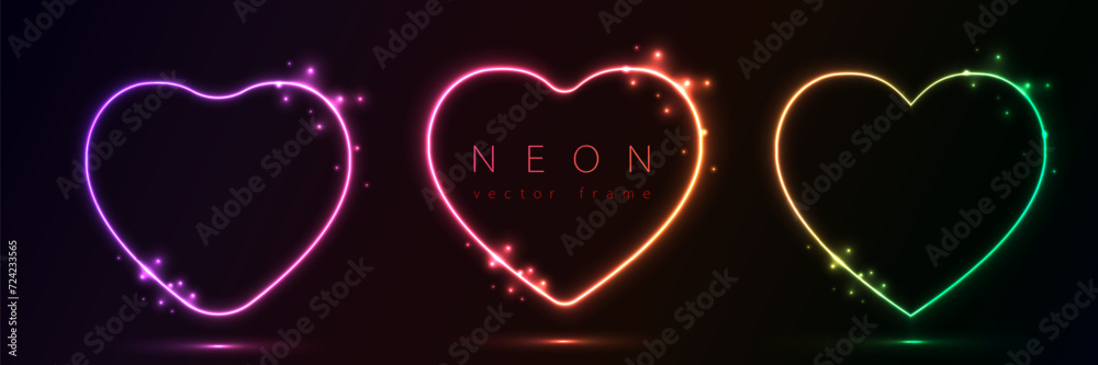 Set of glowing neon color heart shape with wavy dynamic lines on black ...