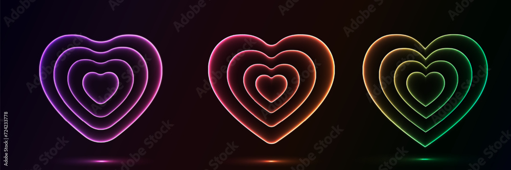 Set of glowing neon color heart shape with wavy dynamic lines on black ...