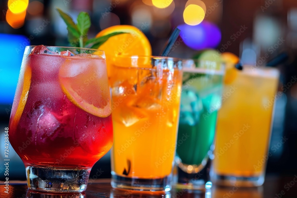 Vibrant cocktails in a variety of hues and flavors adorn the bar ...