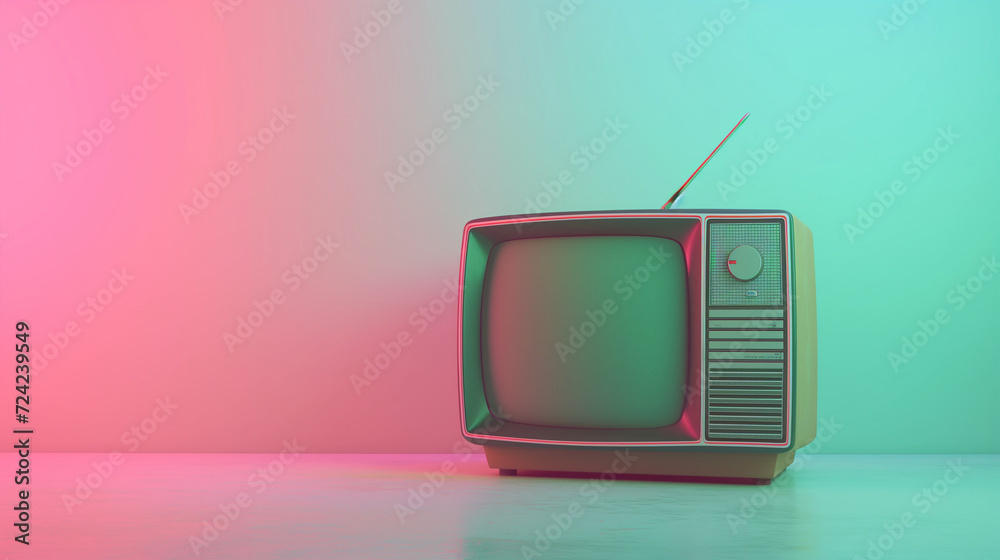 The TV is an old model, with antenna, standing on legs, on a green-pink ...