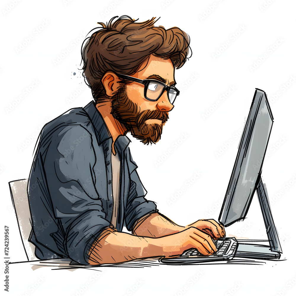 Cybersecurity expert working on a computer isolated on white background ...