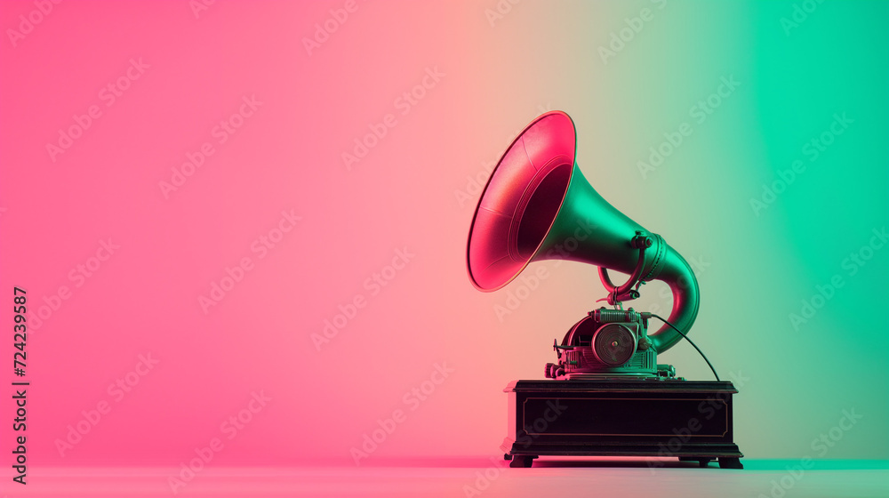 Vintage aged gramophone phonograph turntable on pastel green pink neon ...