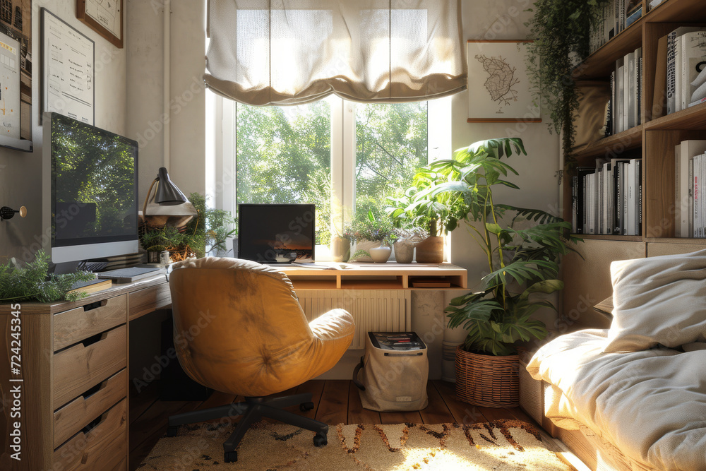 A small desk in a quiet nook of the house, providing a compact and ...