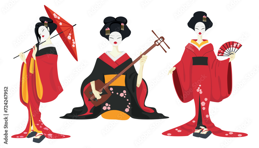 Set of beautiful geisha in cartoon style. Vector illustration of geisha with umbrella, musical ...