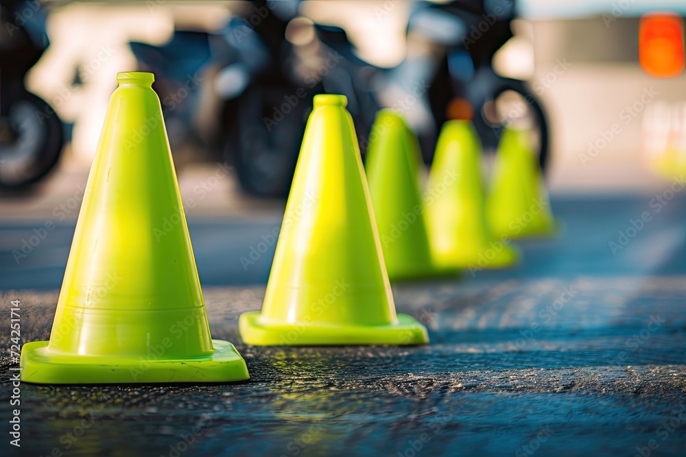 Motorcycle training facility with traffic cones for biker students ...