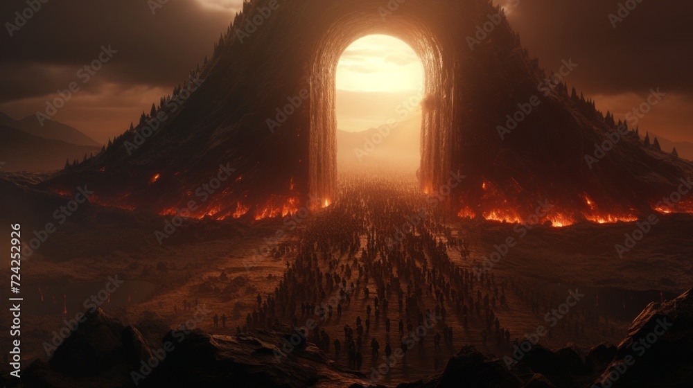 The gate to hell with a massive line of people in front of it and a ...