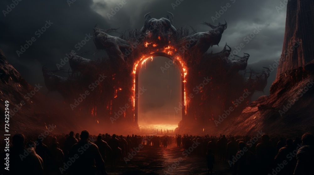 The gate to hell with a massive line of people in front of it and a ...