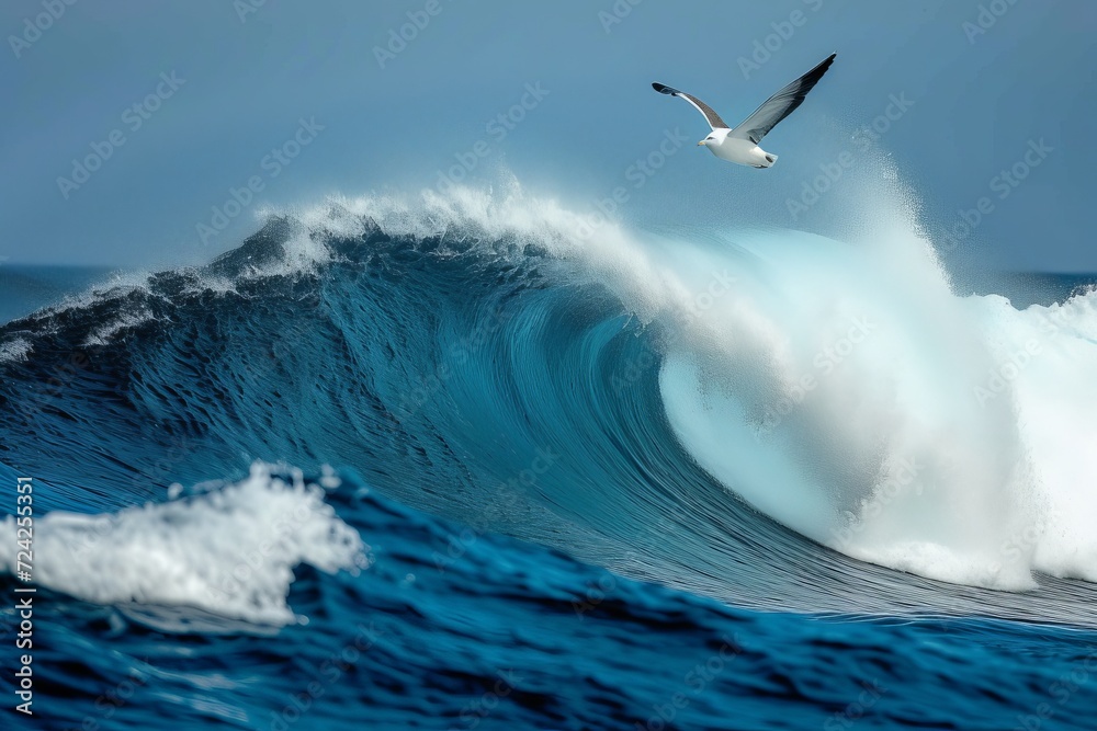 A majestic bird soars above a tumultuous wave, as a lone surfer rides ...