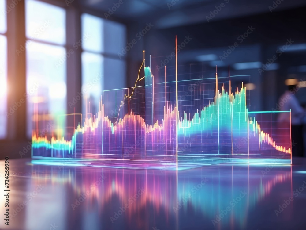 Holographic graphic representation of a bar chart and ascending lines ...