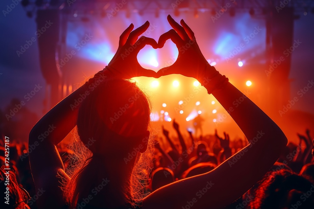 A vibrant concertgoer expresses their love for music through a heart ...