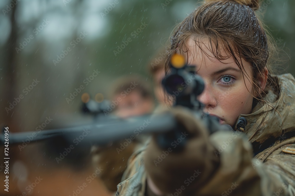 Young teenage woman at a shooting range ready to shoot a rifle, in ...