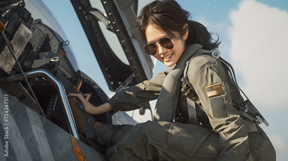 Beautiful Asian female pilot soldier Climbing into a fighter plane ...