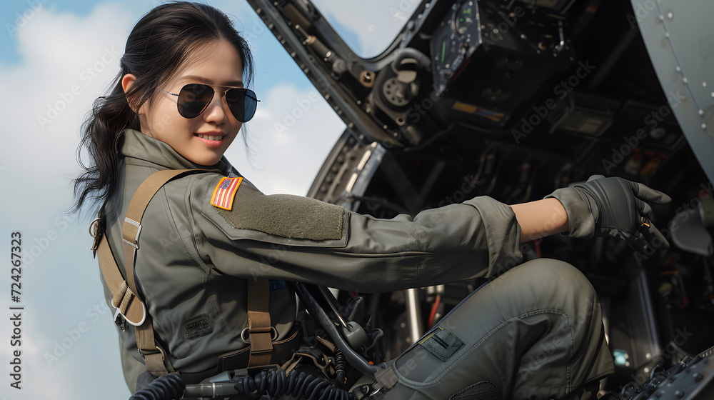 Beautiful Asian female pilot soldier Climbing into a fighter plane ...