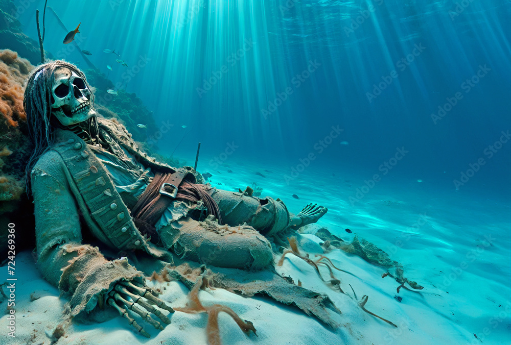 The skeletal remains of a pirate captain with dreadlocks resting at the ...