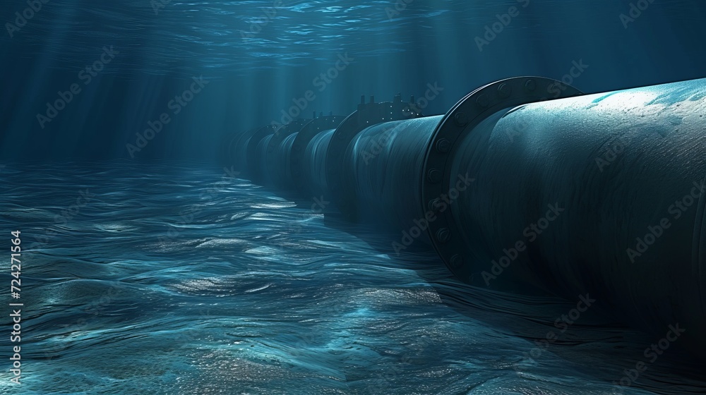 Underwater oil and gas pipeline infrastructure in blue ocean, subsea ...
