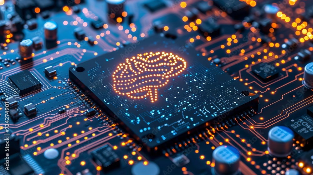 Interactive holographic human brain above cpu with shining ai icon and ...