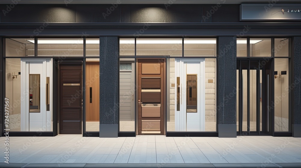 Glass doors to the store. Shop window, light for illuminating the shop ...