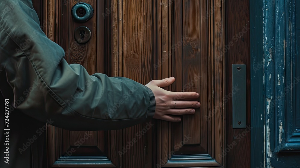 Interaction between a young man's hand and a door. Details the knocking ...