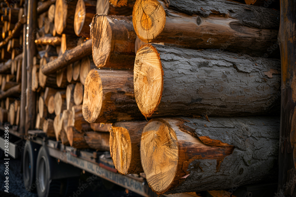 Detailed view of a timber truck's load, highlighting the textures of ...